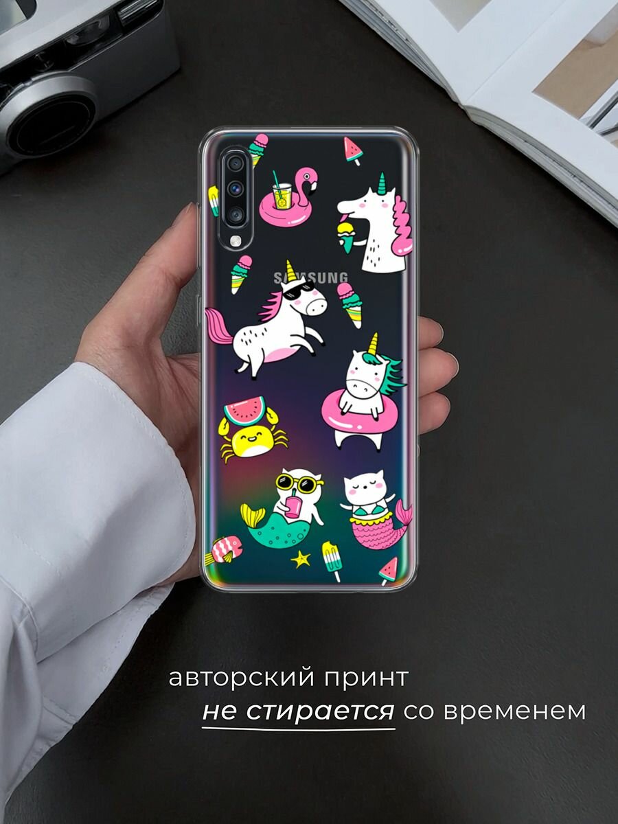 Чехол на Samsung Galaxy A70 / Самсунг Галакси А70 с принтом "Единороги в отпуске", прозрачный — фото 1