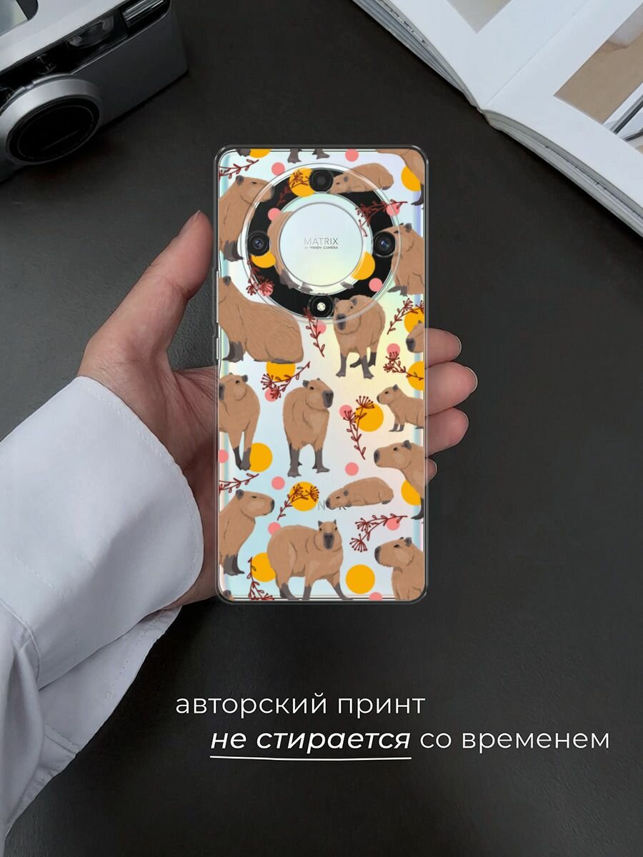 Чехол на Honor X9A / Хонор X9A с принтом "Капибара паттерн", прозрачный — фото 1