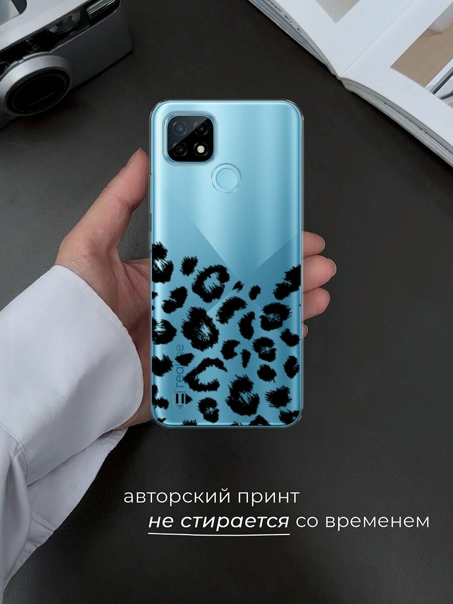 Чехол на Realme C21 / Реалми С21 с принтом "Окрас леопарда фон черный", прозрачный — фото 1