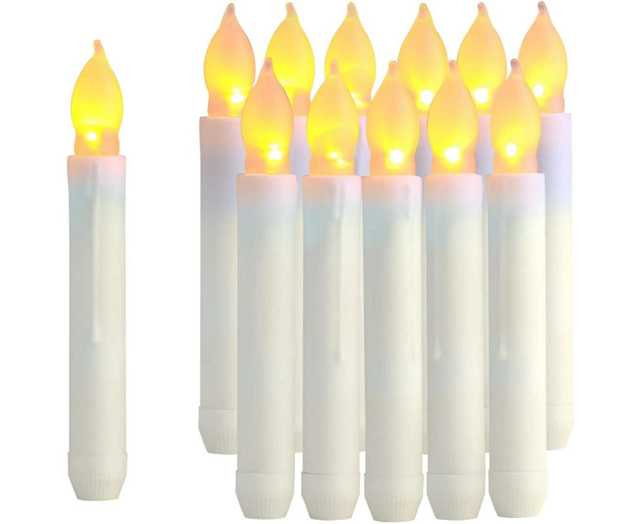 Набор из 12 свечей LED, бесконтактные свечки для стола, работающие от батарей, цвет свечей белый, цвет LED янтарно-желтый, размеры 2 x 16.5 см, материал пластик, эффект свечки мягкий свечение с мерцанием, тип батарей 2 x AA (не входят в комплект)
