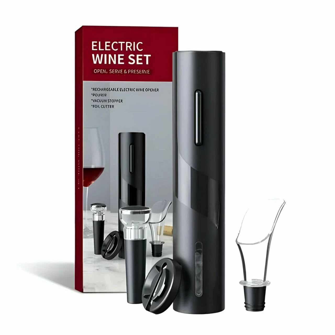 Электрический штопор для вина и аксессуары, набор 4в1, нержавеющая сталь, черный Отличный подарок на любой праздник.