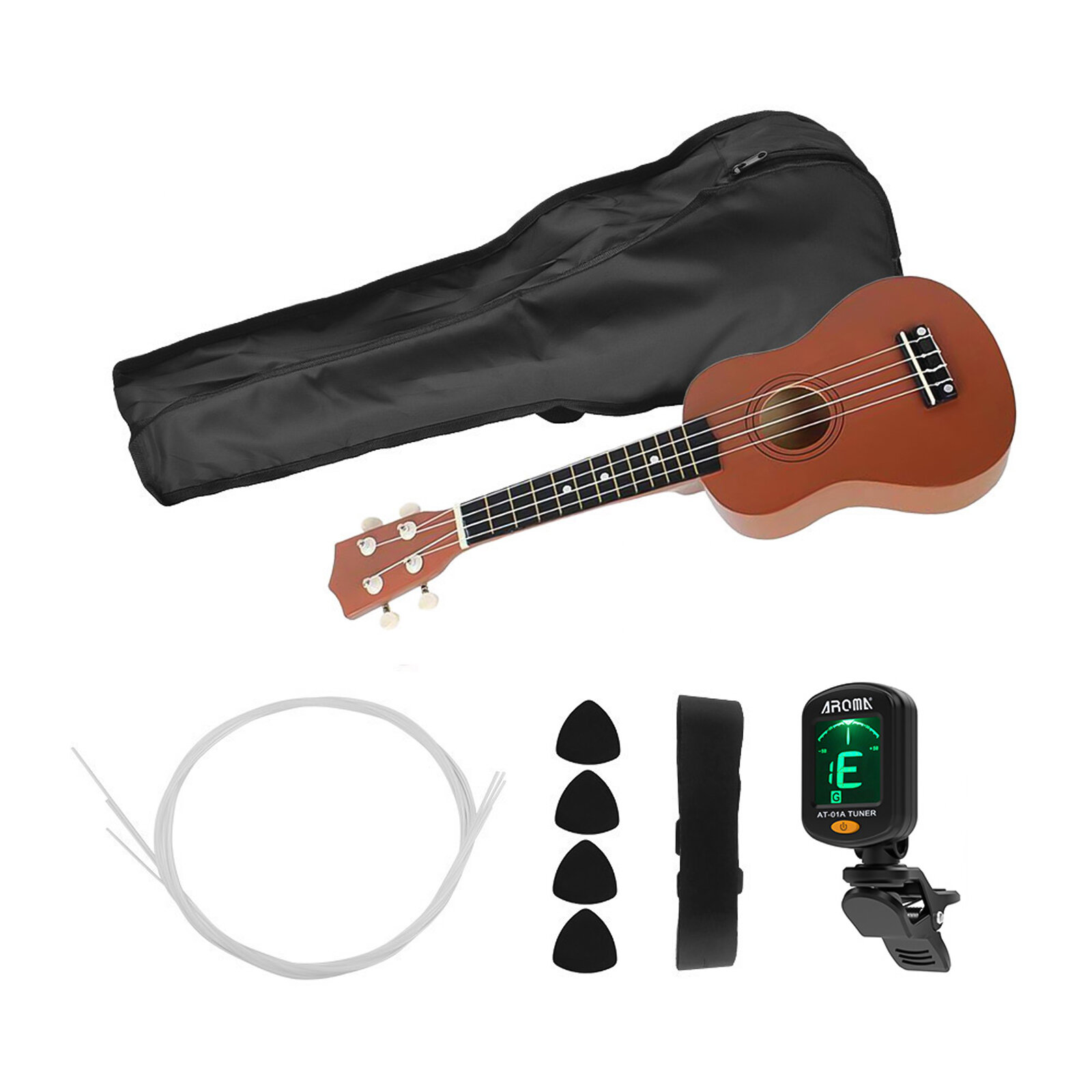 Укулеле акустический сопрано 21 дюйм, бассвуд, с цветным покрытием (синий/черный/розовый/кофе/деревянный), комплект с чехлом, ремнем, струнами, медиаторами (4 штуки), тюнером