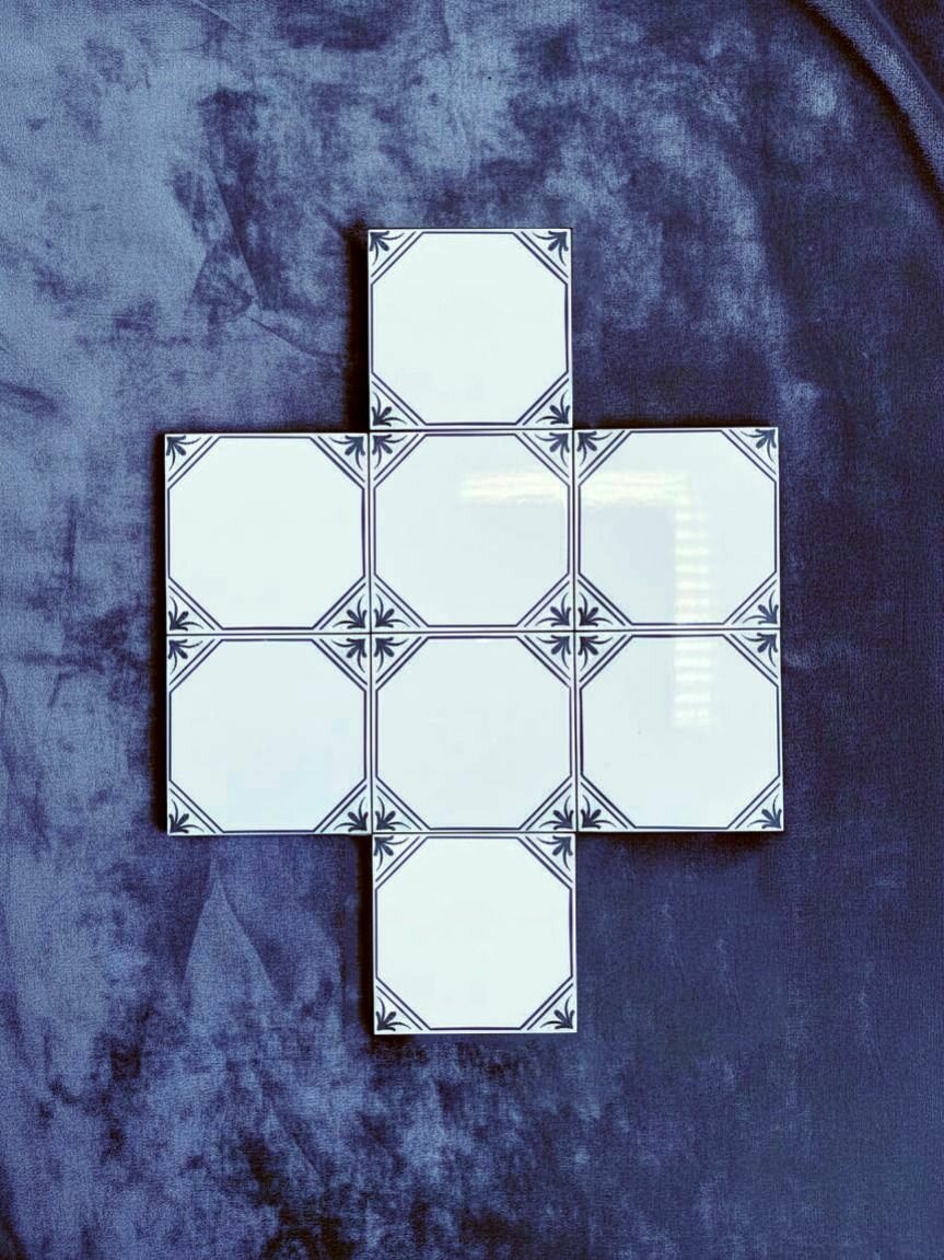 Керамическая плитка настенная декор октагон внутри светло синий 15x15см, 8шт. для камина, ванной, для кухни