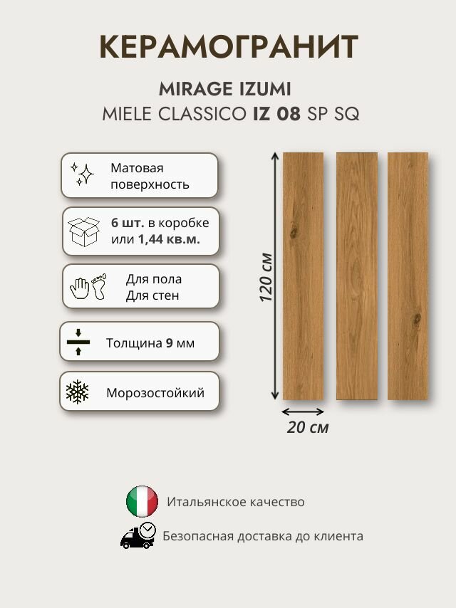 Керамогранит MIRAGE IZUMI Miele Classico IZ 08, 20x120, под дерево, 1,44 кв. м (6 шт в упак)