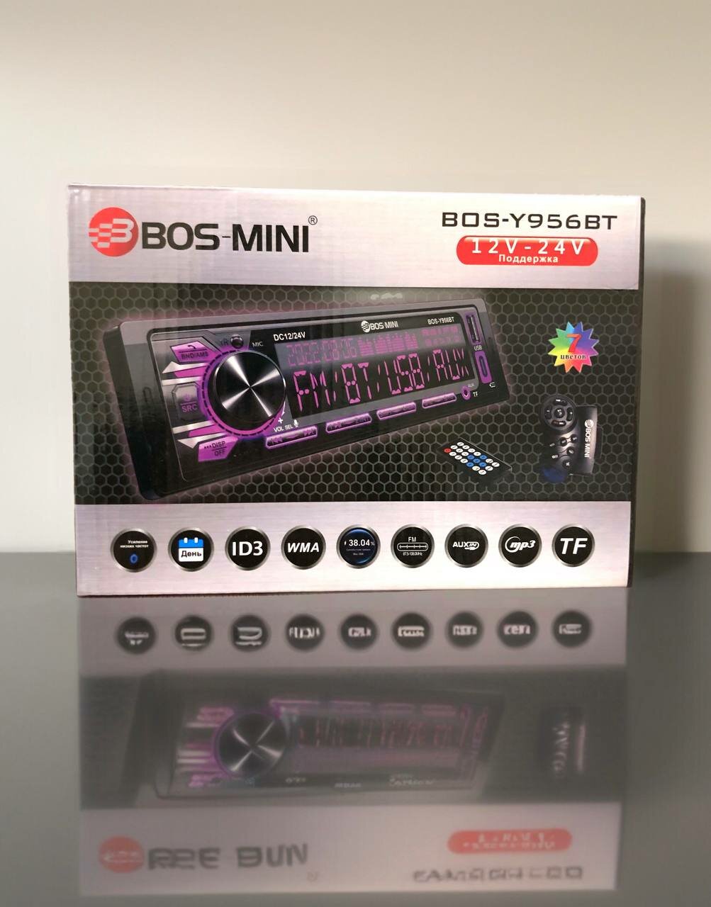 Магнитола BOS Y956BT BOS-Mini, 1DIN, Bluetooth, 7 цветов, AUX, USB, пульт