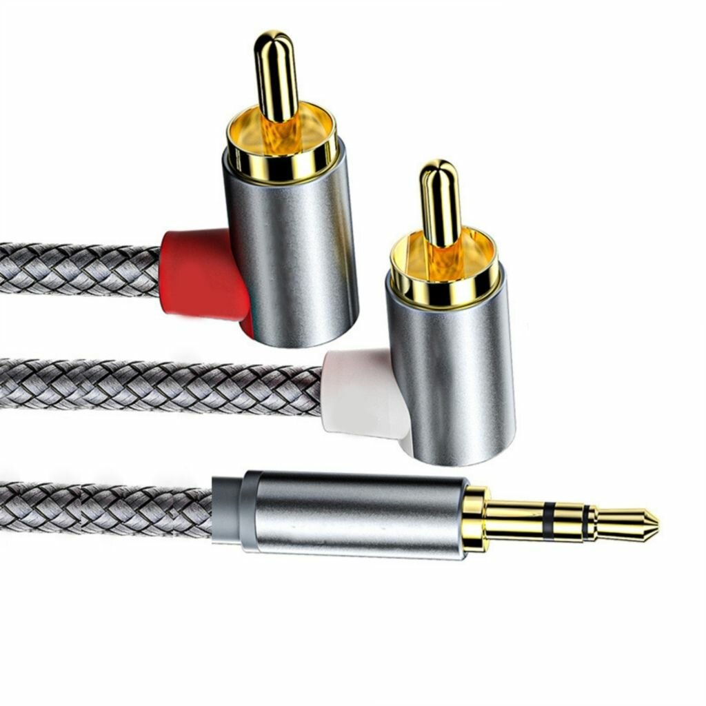 Кабель для передачи данных, Позолоченный 3.5mm AUX наушниковый разъем к 2RCA высококачественный аудиокабель - 1 м - серый угловой