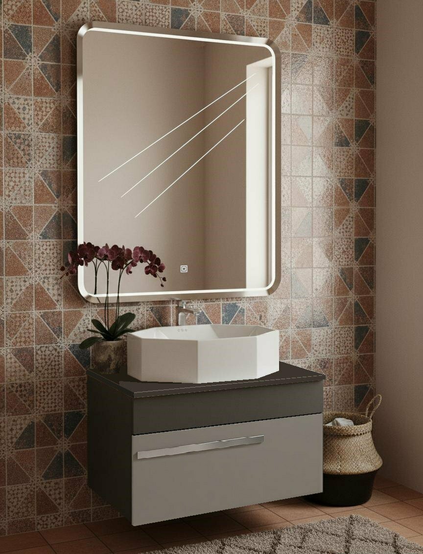 Мебель для ванной Вудлайн 65, темно-серый/серый, раковина Кристалл, зеркало Руан 60х80