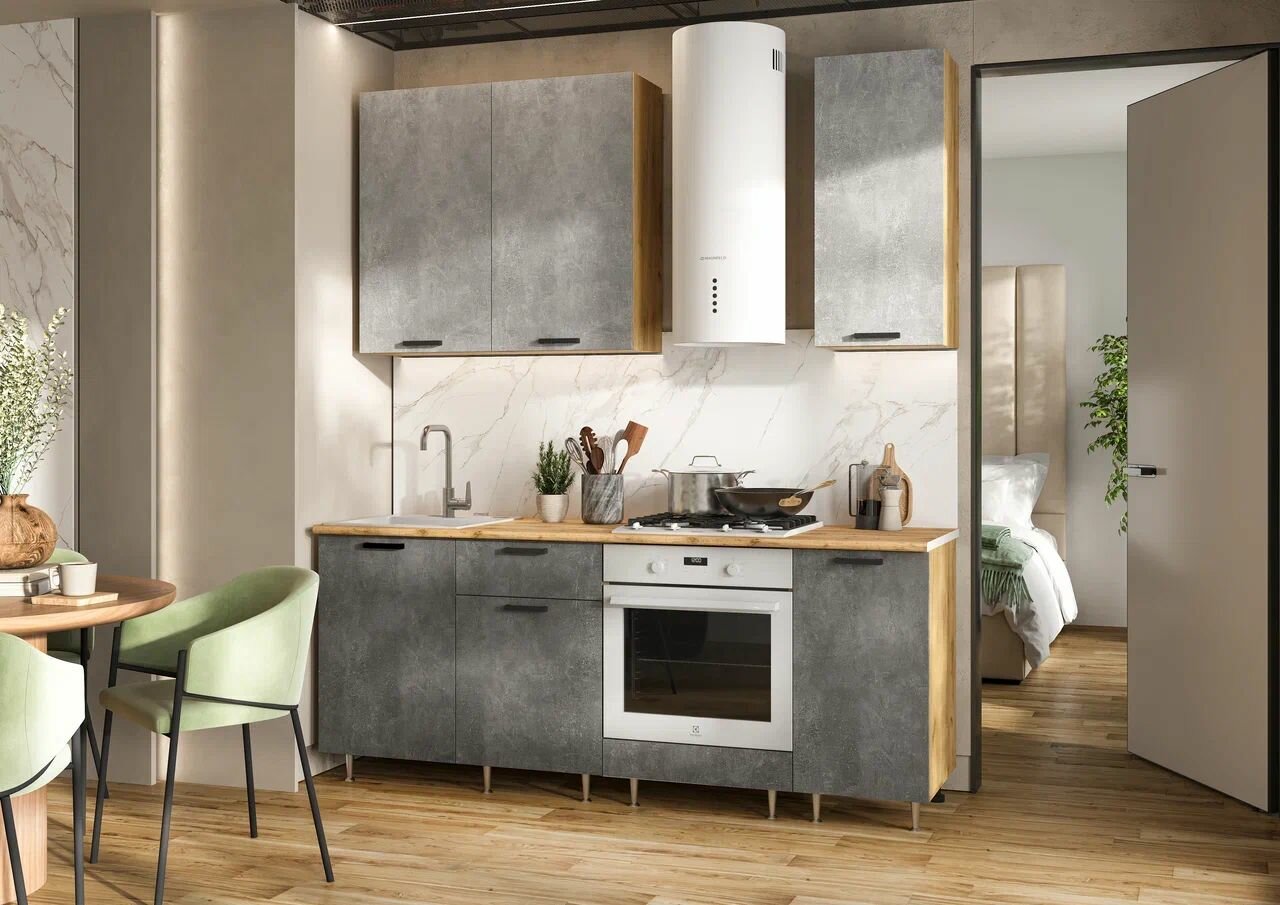 Кухня Рио NEW 2,0 м. Компоновка №2 Бетон светлый/Бетон темный, Дуб Крафт (Дуб вотан)