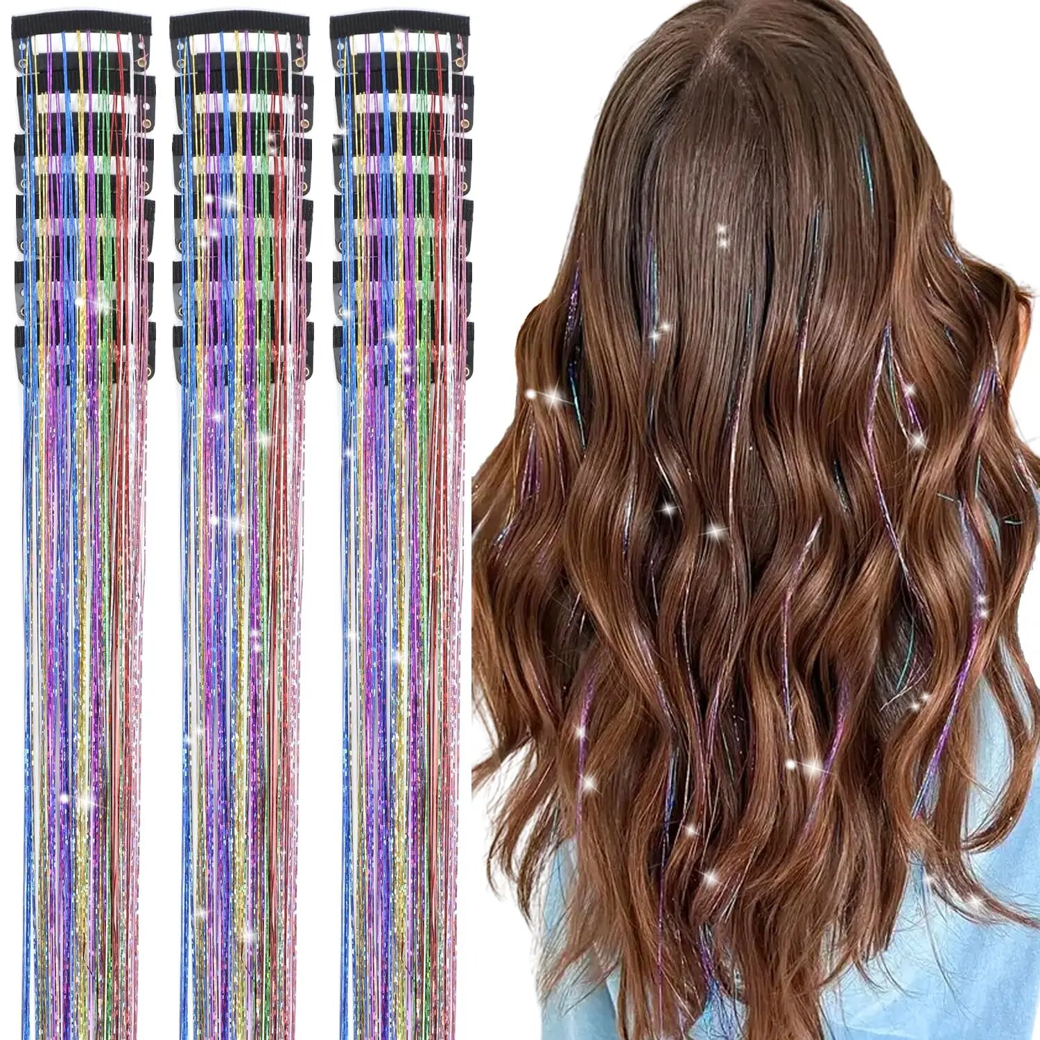 20-дюймовые Блестящие Волосы Для Наращивания С Блестками И Зажимами, 6 Шт./комплект