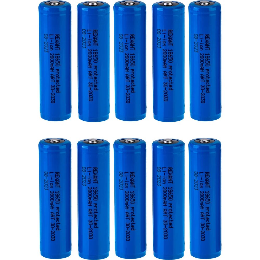 Аккумулятор Rexant Li-ion 18650, 3,7В, 2800мАч, с платой защиты, высокий контакт, 10 шт. 30-2030, для использования — фото 1