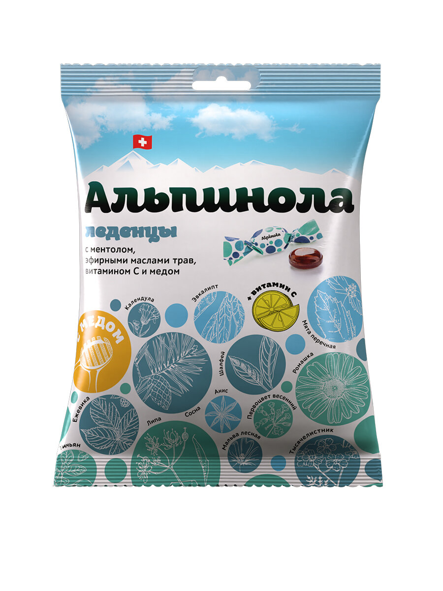 Альпинола, леденцы с ментолом, эфирными маслами трав, витамином С и медом 75 г