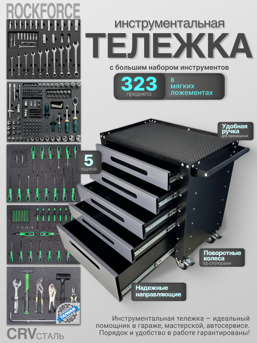Тележка инструментальная c набором инструментов Rock Force 323 предмета в Мягких ложементах
