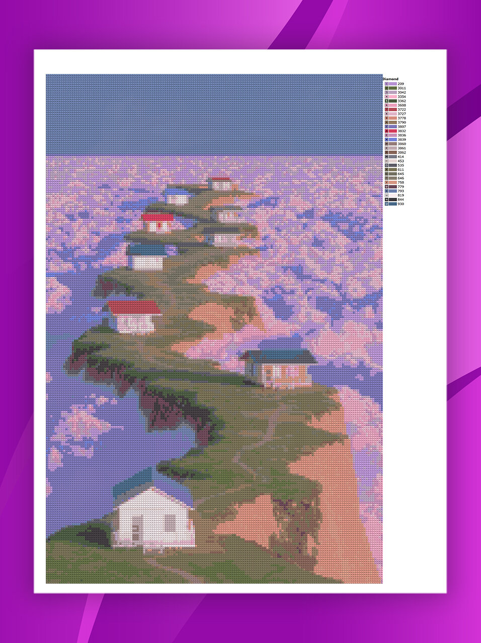 Алмазная мозаика без подрамника - вышивка Домики в облаках 40 х 60 см