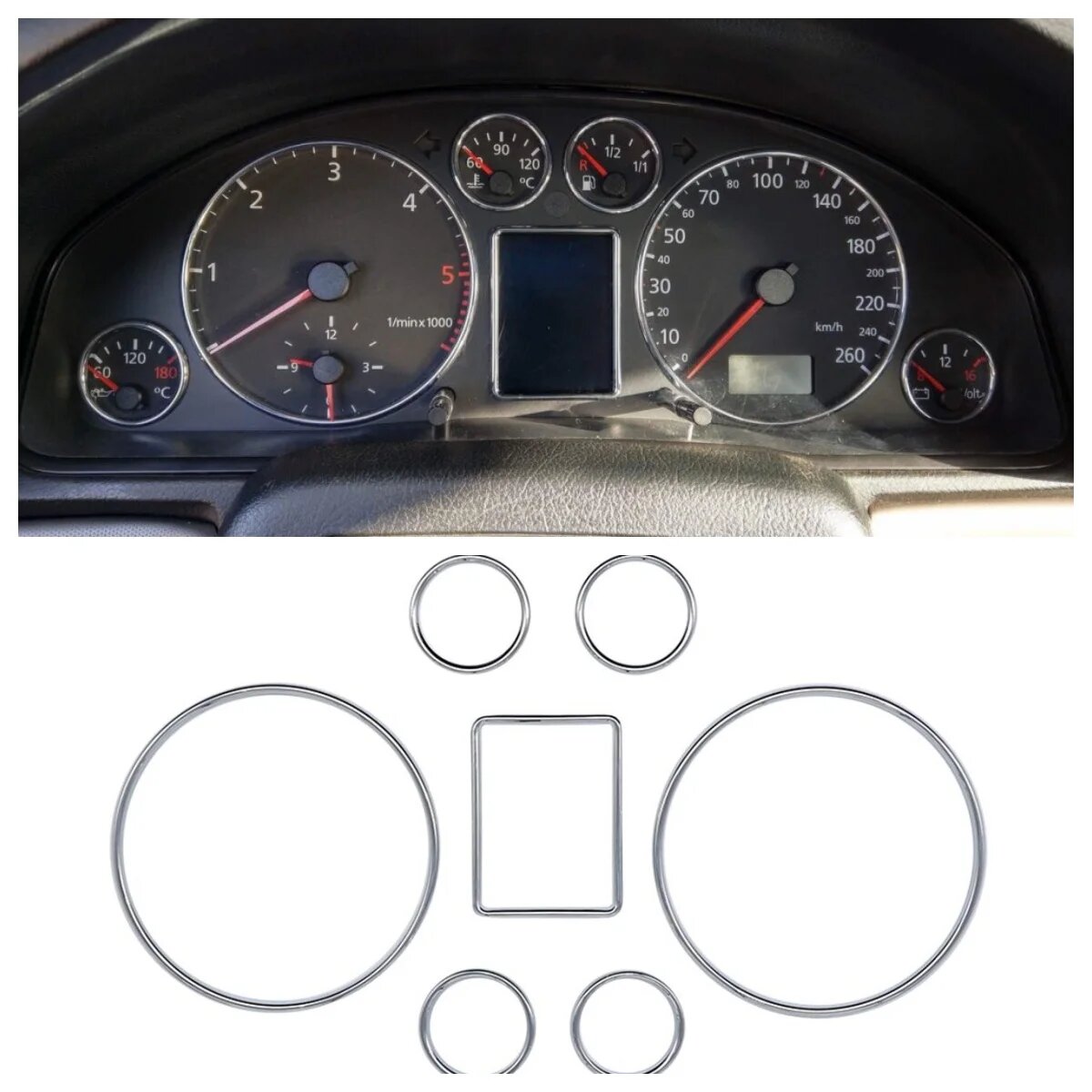 Набор хромированных манометров для приборной панели автомобиля | Пластик и хромирование | Для Audi A6 C5/A4 B5/A3 8L | Защелкиваемый стиль