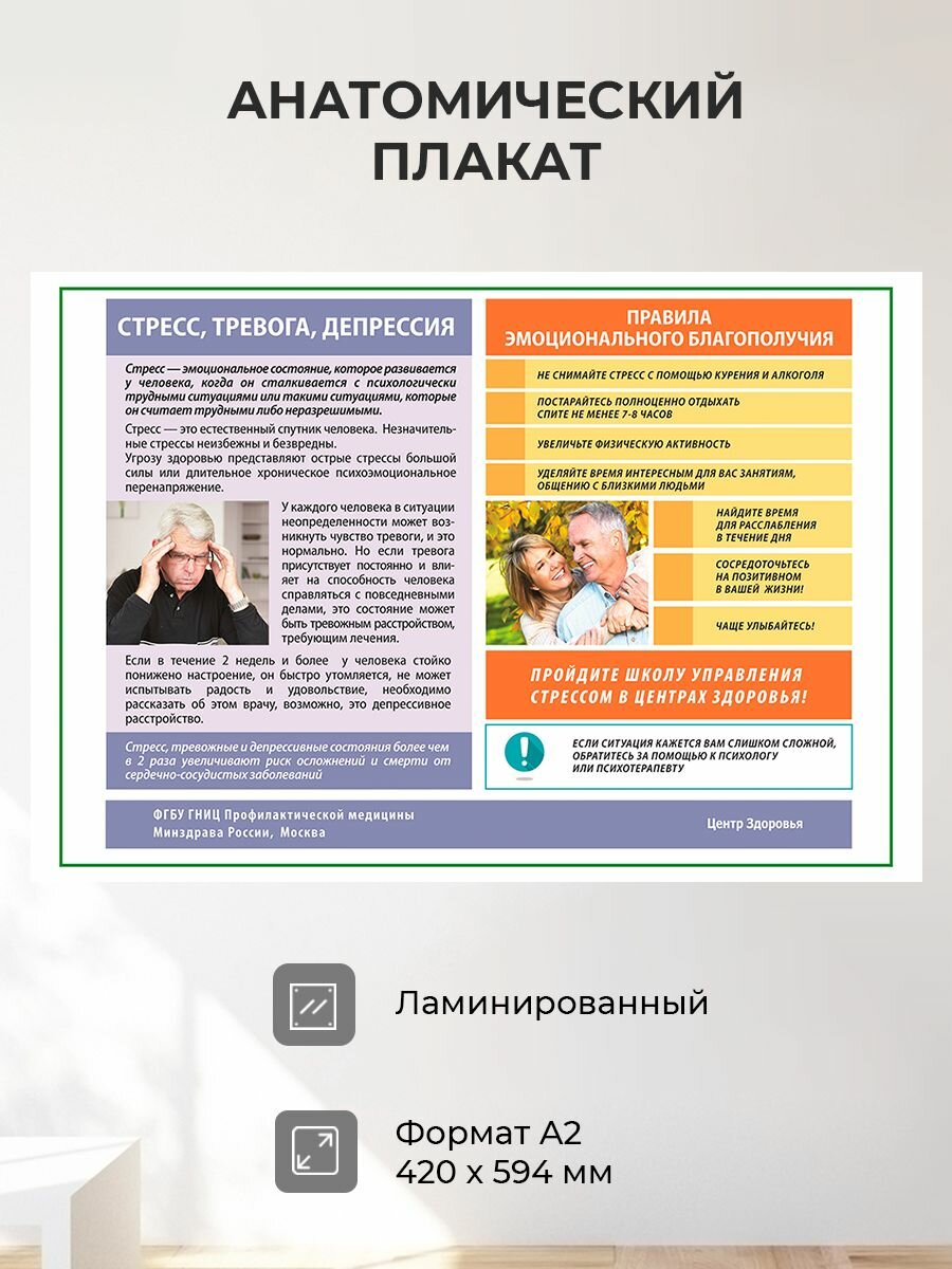 Обучающий медицинский плакат ламинированный формат А2 Стресс, тревога, депрессия