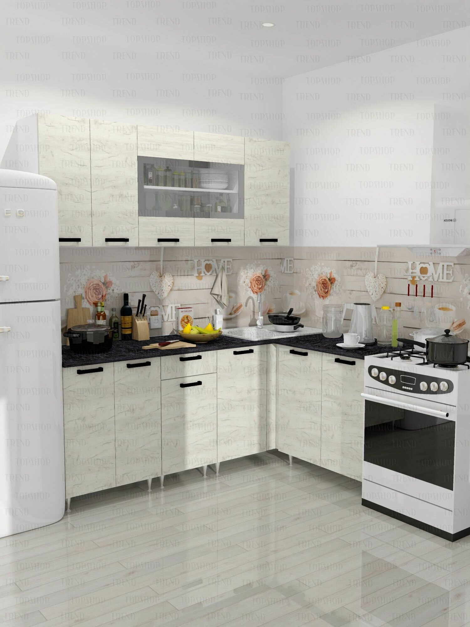 Угловой кухонный гарнитур 2.0х1.4 м, Крафт белый /Кастилло