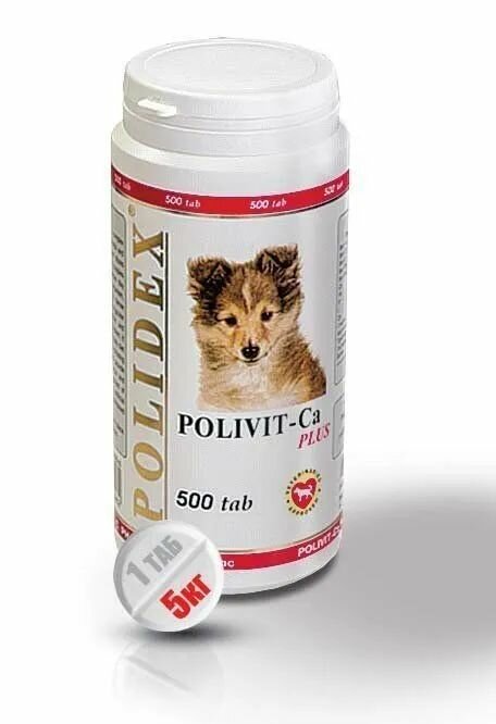Поливит-Кальций плюс (Polidex Polivit-Ca plus) витамины для восстановления кальций-фосфорного обмена у собак, 500 таб.