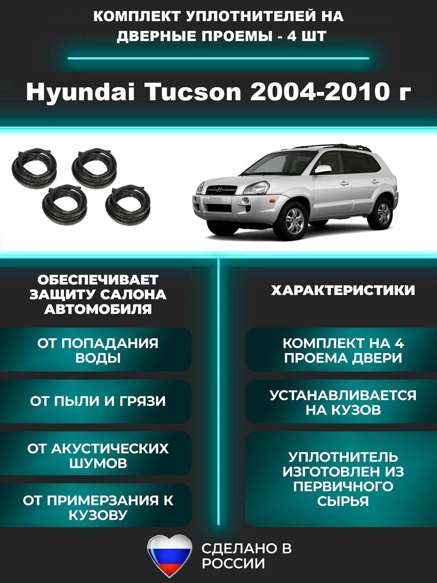 Комплект уплотнителей на проем дверей для Hyundai TUCSON 2004-2010 г / Хендай Туксон, Туссан, 4 шт