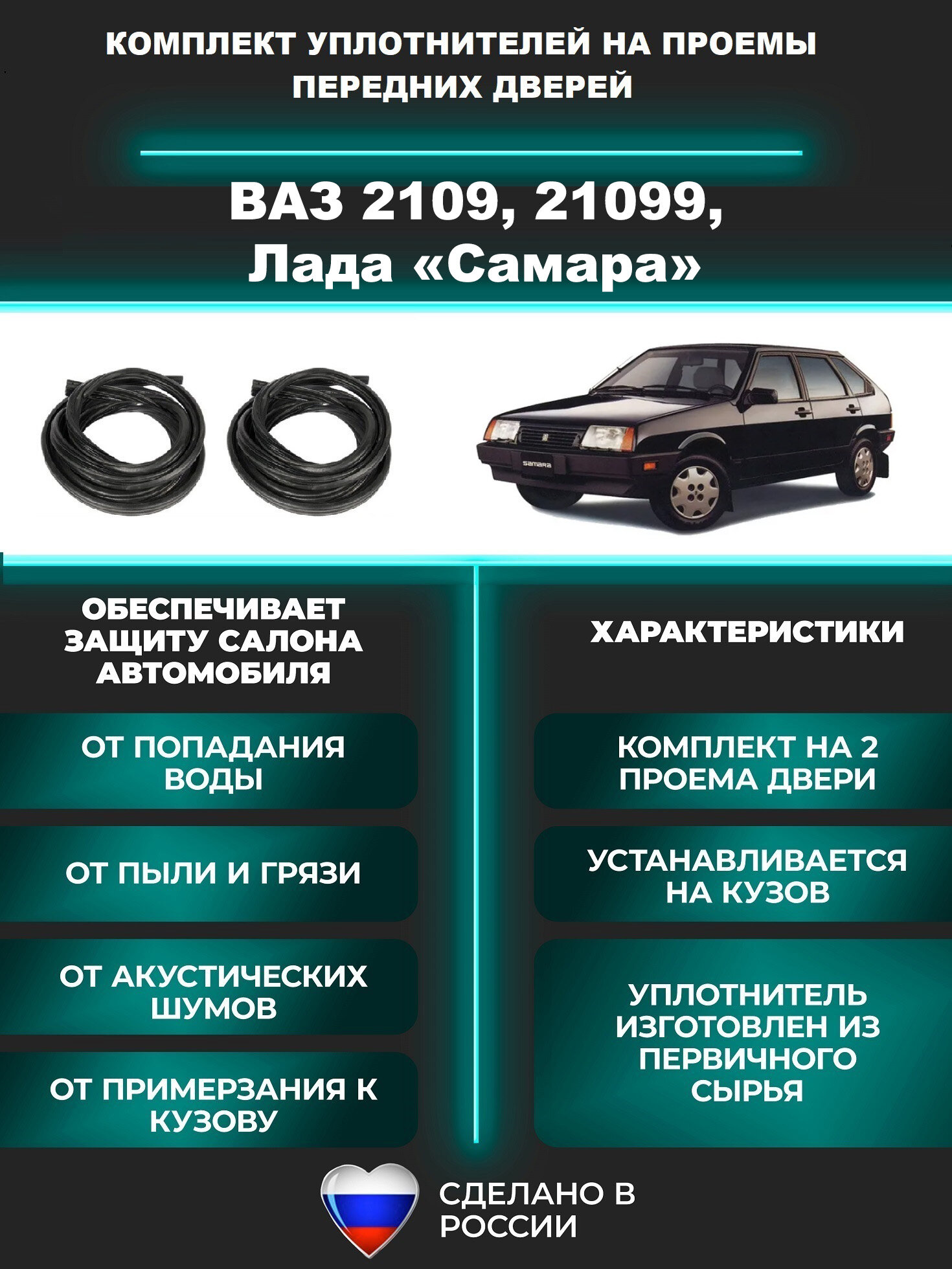 Комплект уплотнителей проема передних дверей для ВАЗ 2109, 21099, Лада Самара 2 шт