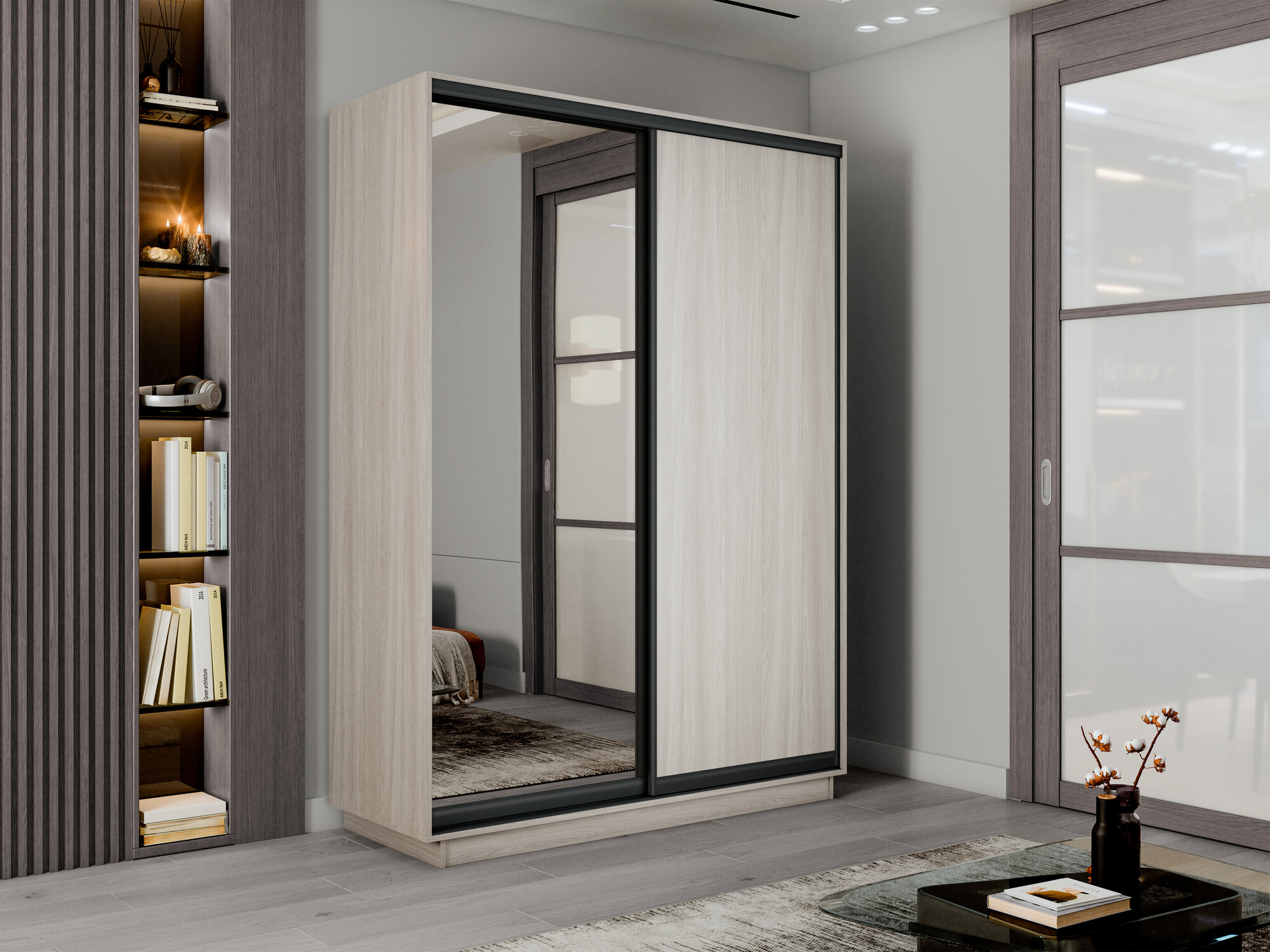 Шкаф купе Вилли 2-х дверный ЛДСП с зеркалом, профиль черный 160 см х 240 см х 45 см (Ясень шимо-светлый)