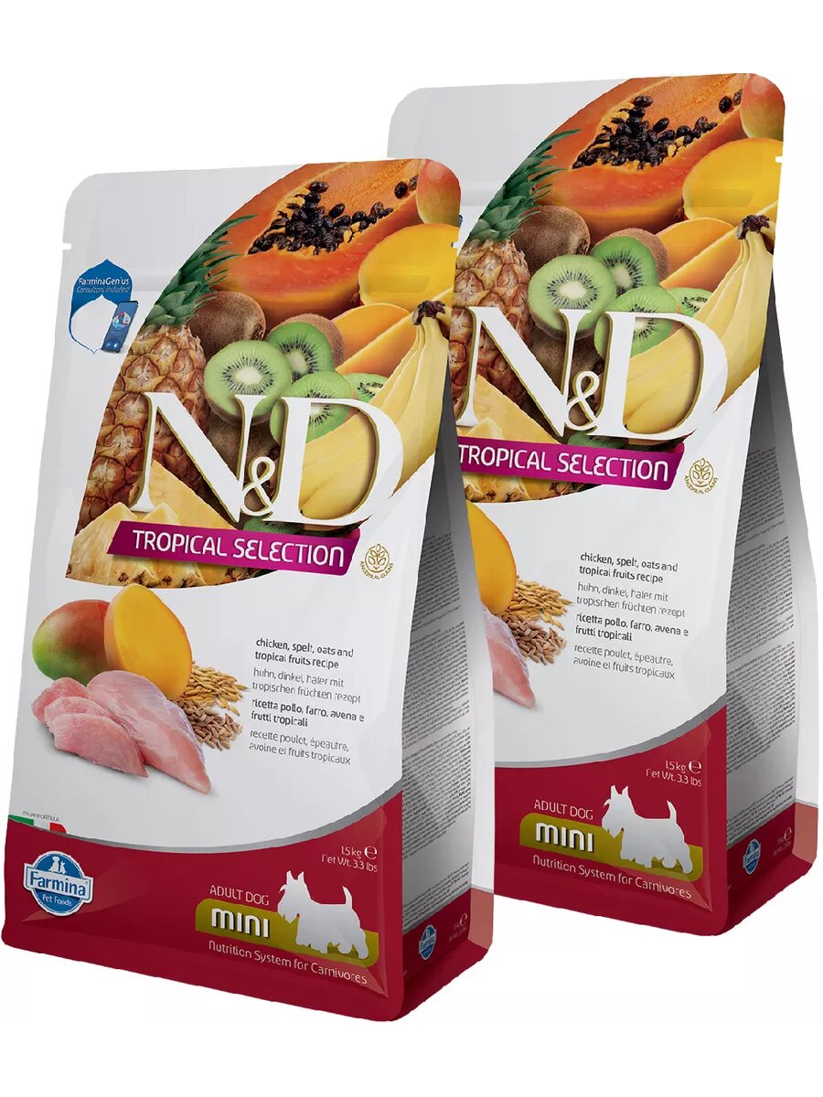 Корм сухой Farmina Dog N&D Tropical Selection Adult Mini Chicken для взрослых собак маленьких пород курица, 1,5кг х 2шт