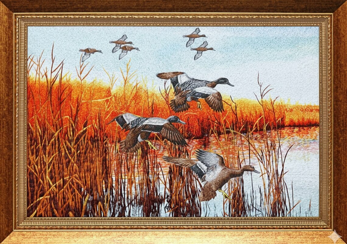 Картина Живой Шелк Утиное озеро, вышивка шелком ручной работы с 3D эффектом, см65х45х3/в багете