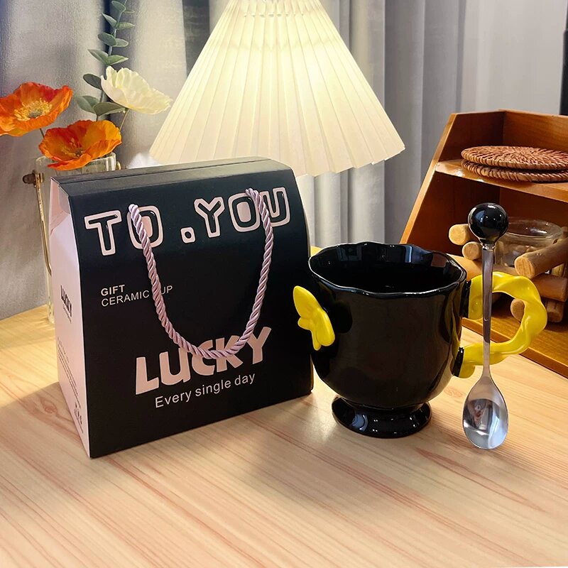 Подарочная коробка с удачей с желтой керамической чашкой и ложкой, радостный подарок на день рождения для друга,