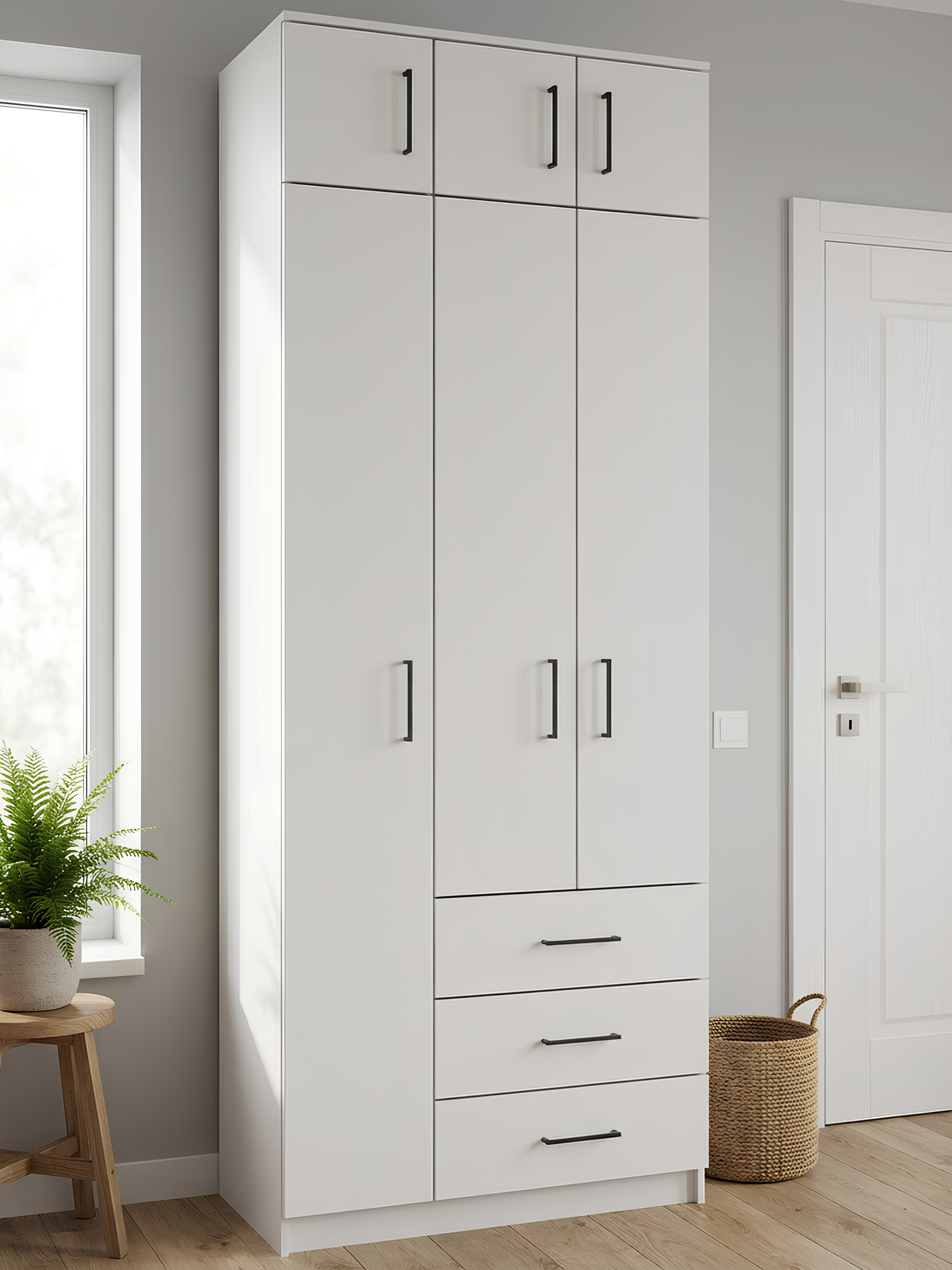 Шкаф трехстворчатый распашной Шик-28А с антресолью, 3 ящиками и штангой, ШхГхВ: 90х50х240 см