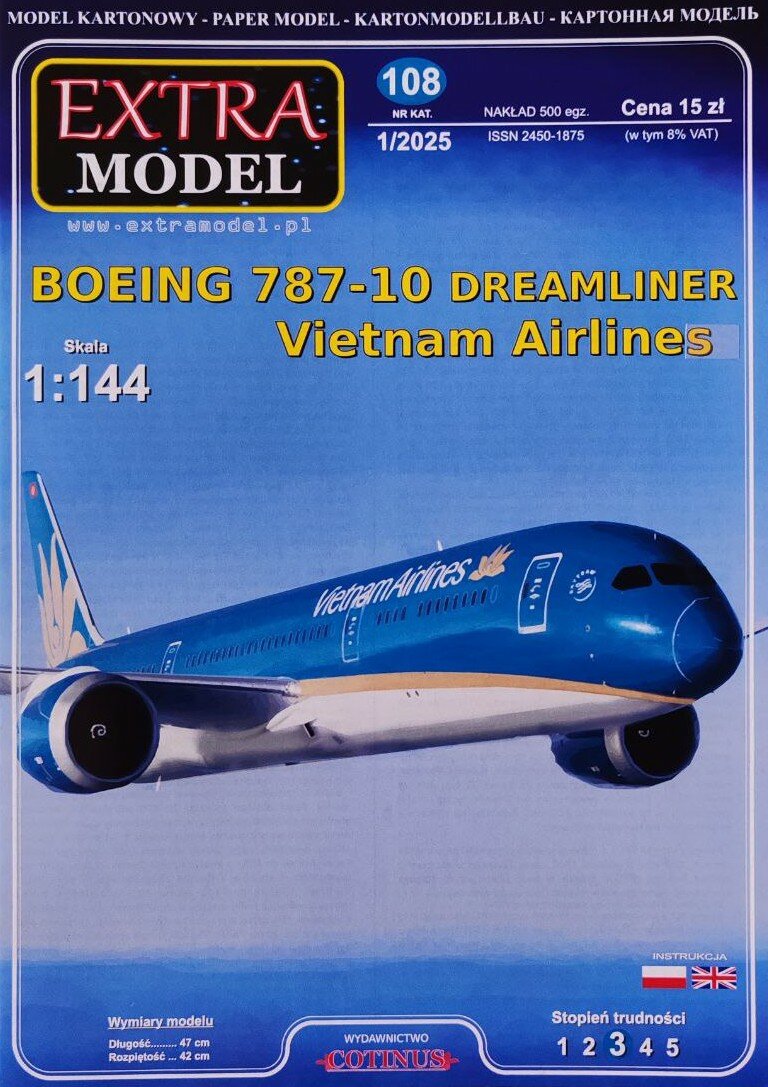 Сборная бумажная модель Самолет Boeing 787-10 Dreamliner - EXTRA MODEL №108 (журнал)