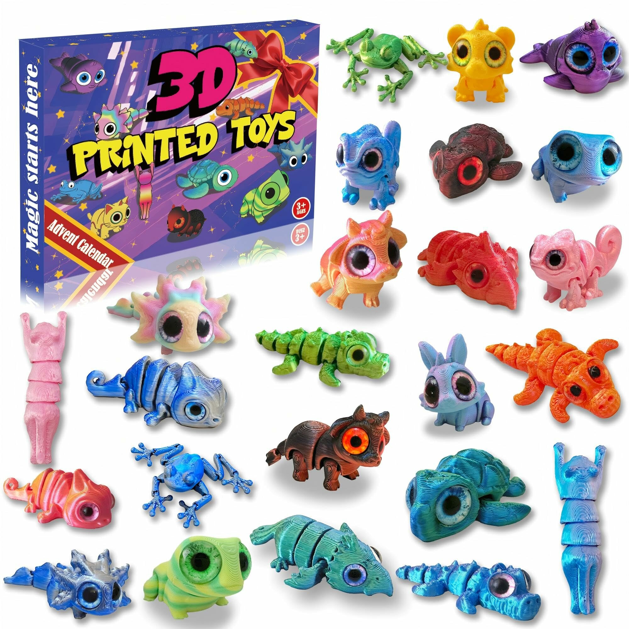 Календарь Авантюрный Рождественский 2025 Mini 3D Printed Animals, Набор из 24 Пьесок Активированных Гибких Фигурок Игрушек с Блестящими Глазами, Подарок Детям Мальчикам Девчатам Детям Детским Торжествам Офисным Настольным Питомцам Носкам