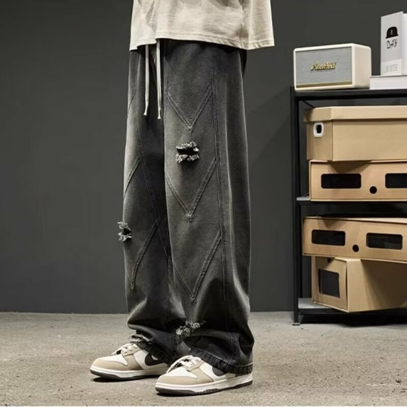 Тренд RONG CH Мужские Джинсы Американские Винтаж Деконструированные Потертые Широкие Деним, Размер_S