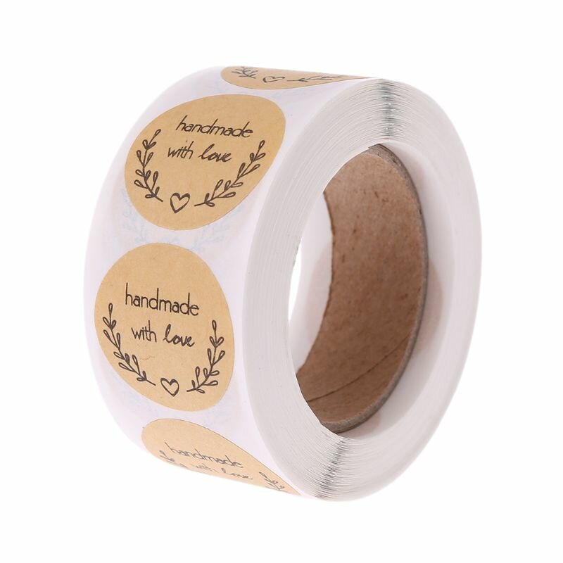 500pcs Natural Handmade With Love Kraft Paper Stickers Round Adhesive Labels Bak