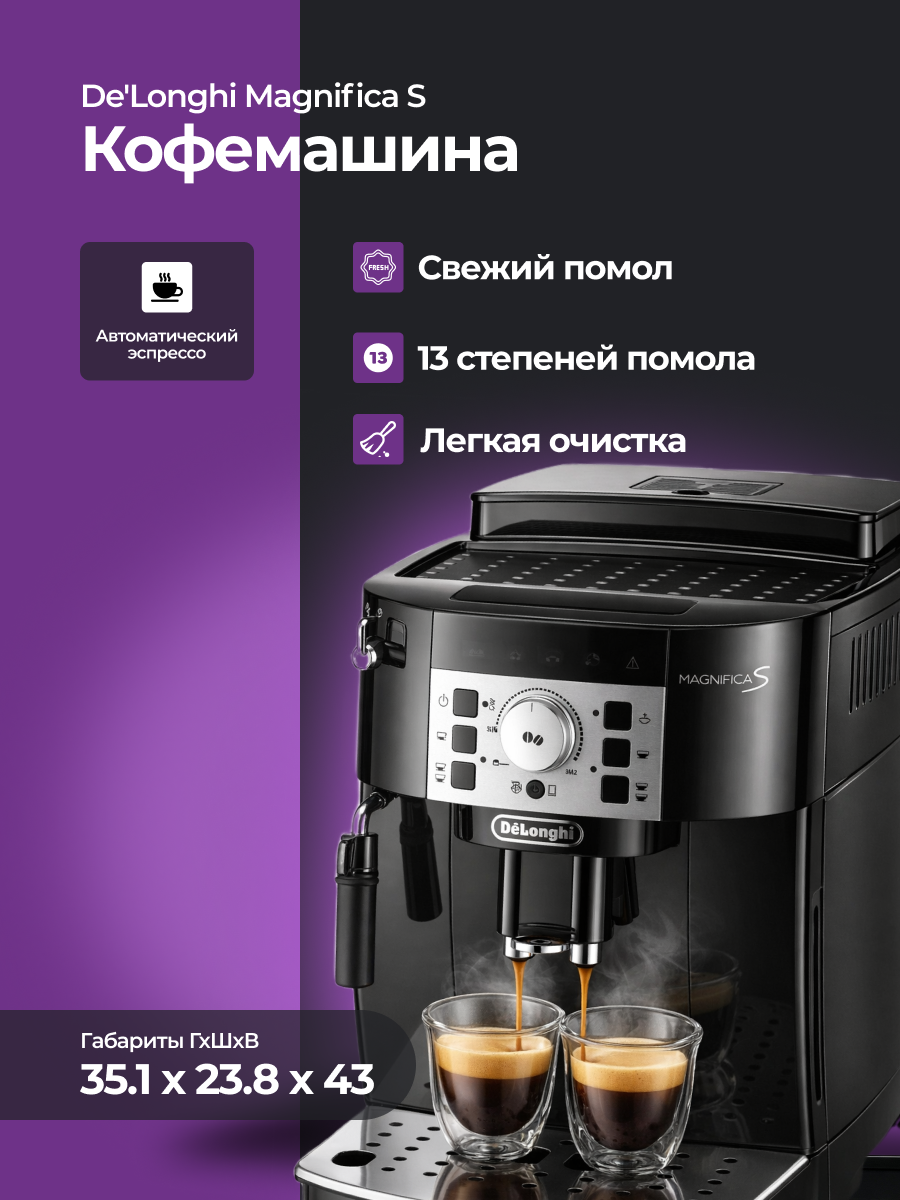 Автоматическая кофемашина De'Longhi Magnifica S на две чашки с сенсорным управлением