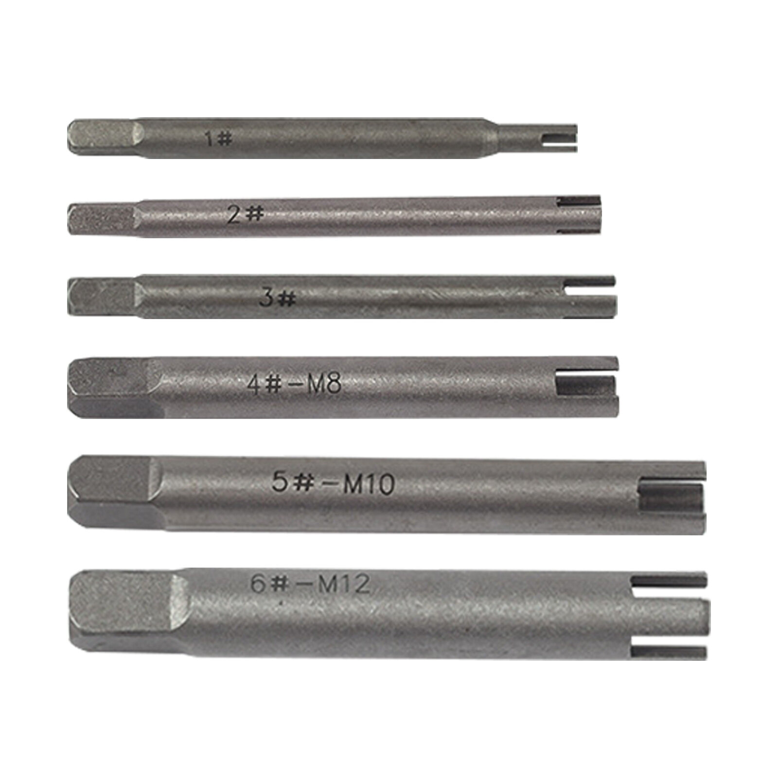 6 Pcs Tap Extractor 3/4 Flute Broken Head Screw Remover Stripped Screw Tap Extractor Set Carbon Steel 1#, 2#, 3#, 4#, 5#, 6# 55mm*4.5mm, 58mm*4.5mm, 60mm*5mm, 60mm*7mm, 69mm*8mm, 70mm*10mm для M4, M6, M5, 8/10", M6, 1/4", M8, 5/16", M10, 3/8", M12, 1/12"