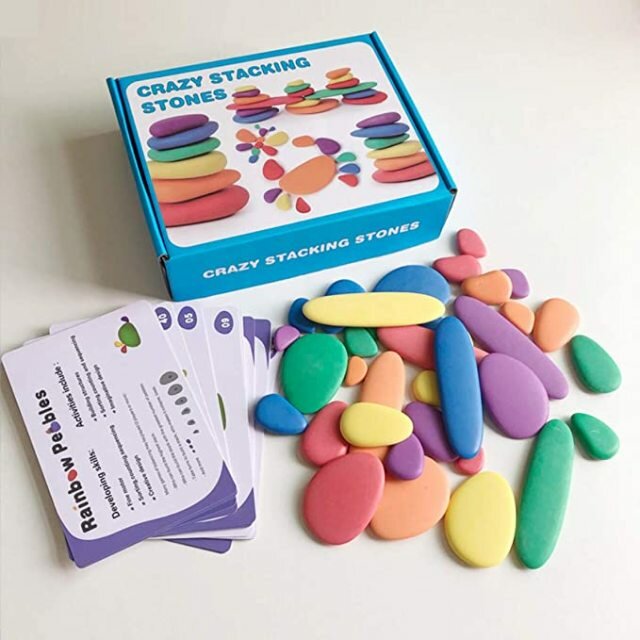 Радужный гравий Детское дерево игрушка камень сбалансированный блок набор дети выравнивать стек красочный камень активность карта рок баланс игра подарок стекирование блок (()