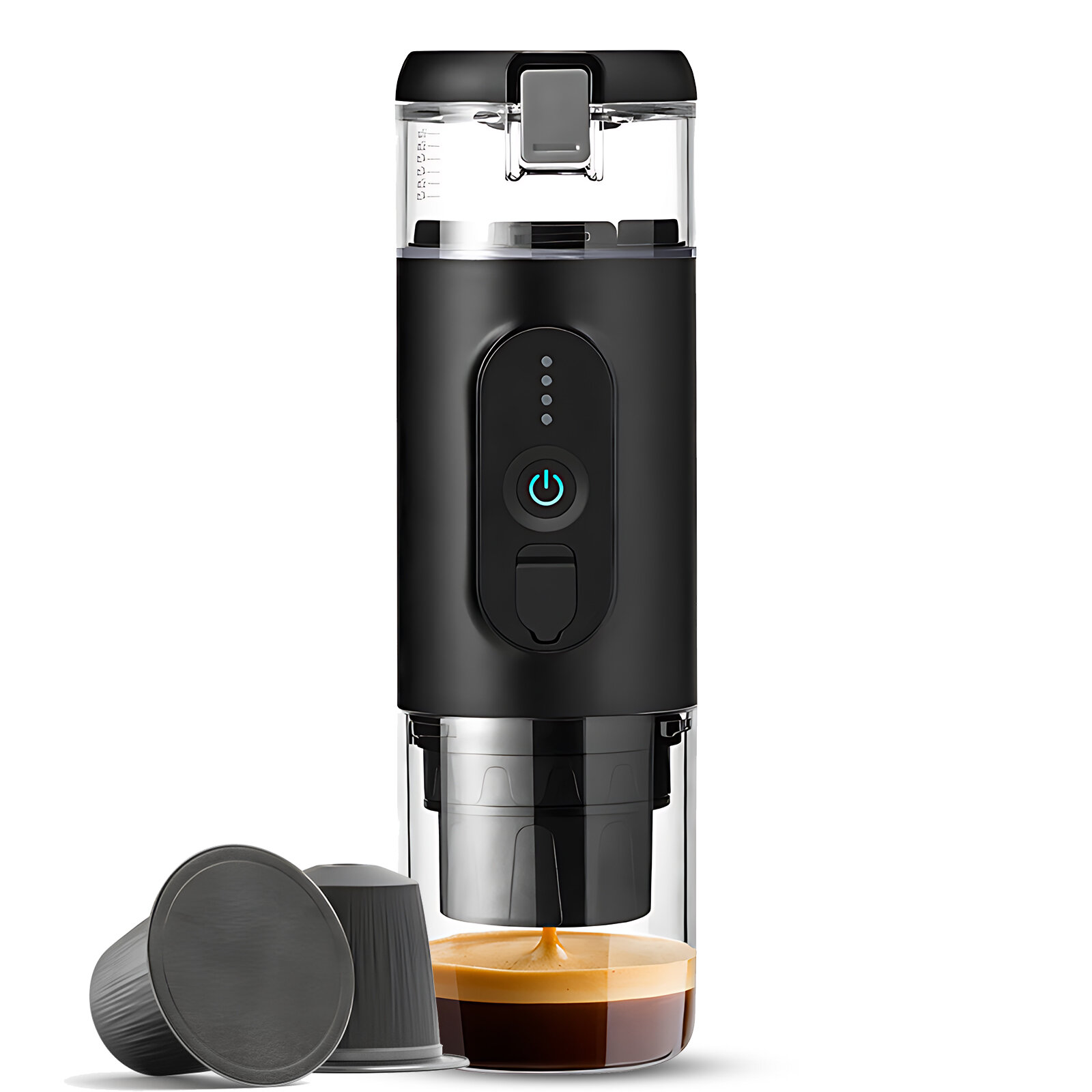 Портативная электрическая кофемашина для эспрессо Cordless Heating Single Serve Mini Coffee Maker с 2-в-1 бином для кофе в порошке/капсулах, насосным давлением 18Bar, автоматической варкой, встроенной батареей 2500mAh, черный/белый цвет, емкость водяного