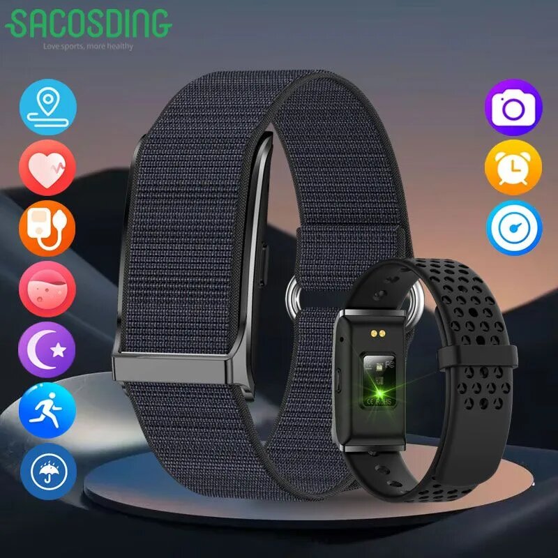 SACOSDING Смарт-часы, 23mm, Черный нейлон + черный силикон