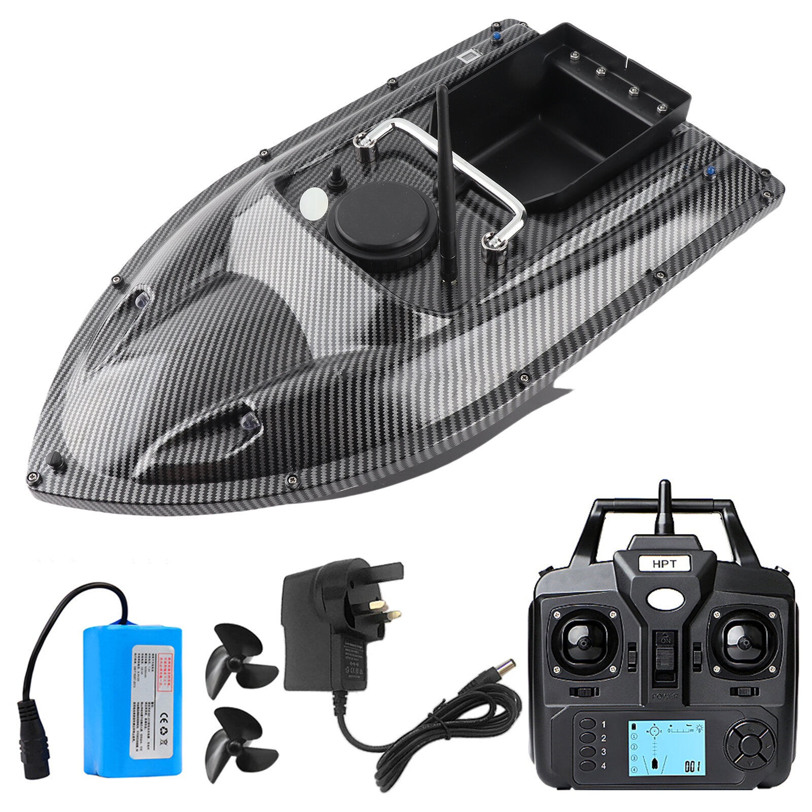 Рыболовная лодка с GPS-навигатором и одинарными контейнерами для прикормки. Автоматическая лодка для прикормки с дистанционным управлением.