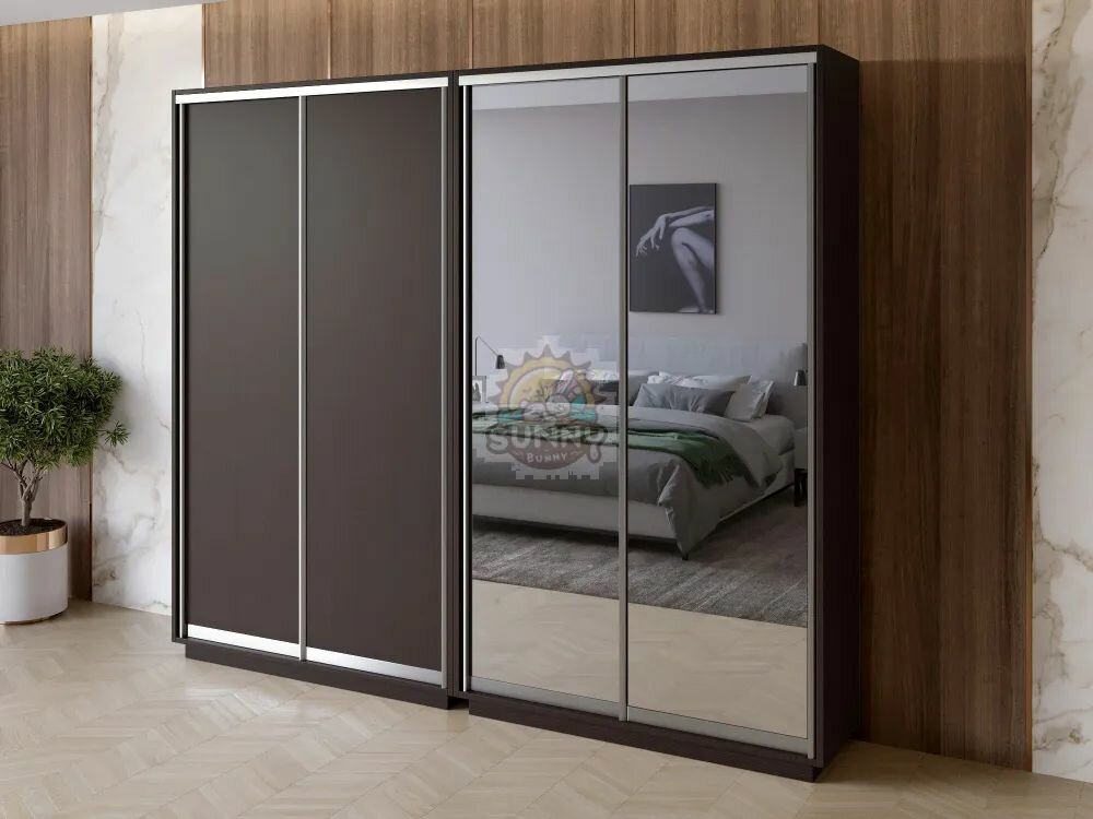 Шкаф купе Вилли 4-х дверный ЛДСП (2+2) с зеркалом, профиль серебро 280 см х 240 см х 45 см (Венге)