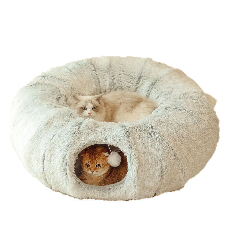 Зимний теплый вязаный кошачий туннель-ложе с подогревом - складной кошачий домик 85*26см серый/радужный Размер：Серый