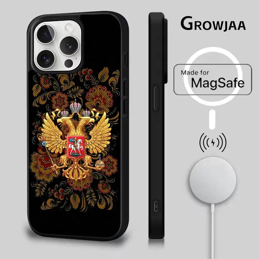 Чехол Magsafe для iPhone 15 Pro, черный, с гербом России