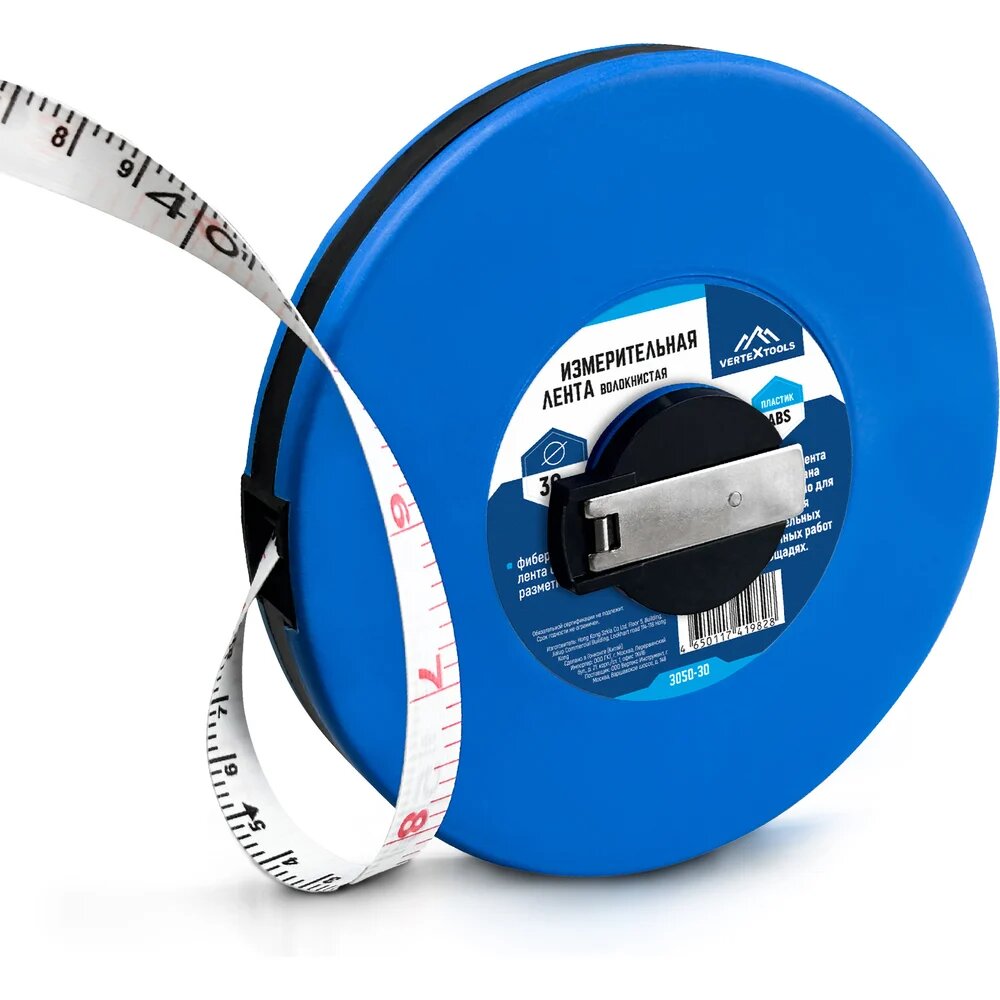 Мерная лента vertextools 30 м 3050-30 из фиберглас/стекловолокна, широкая, двойная шкала, краска разметки