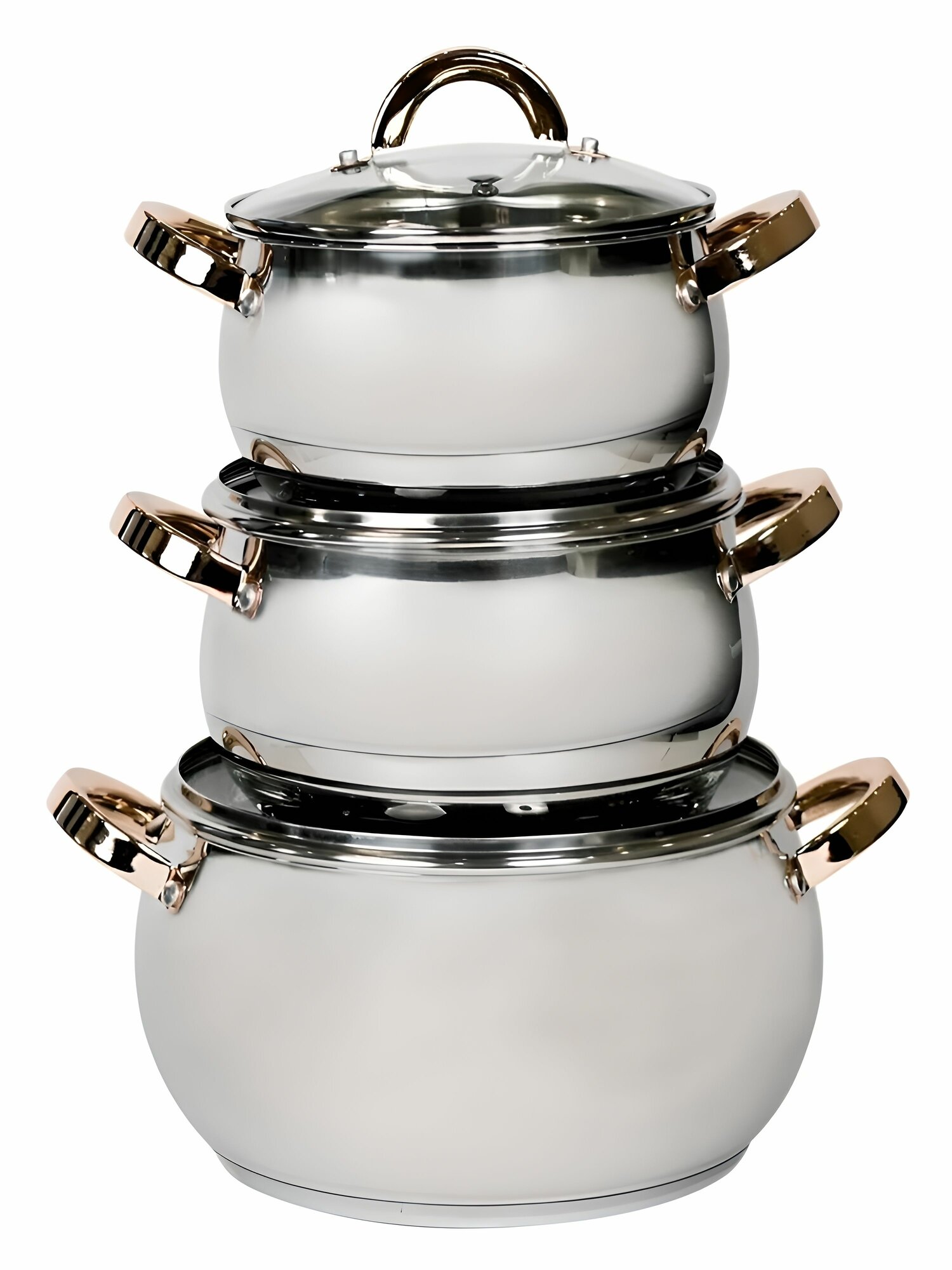 Набор Кастрюль С Крышкой И Толстым Дном Для Кухни и Готовки. Антипригарное Покрытие Маленьких, Больших Из Нержавеющей Стали Для Газовых, Электрических, Индукционных Плит. Серебристый Бронза, 3шт