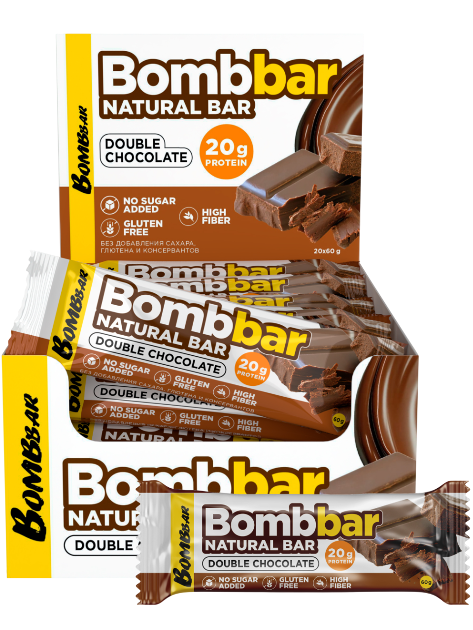 Протеиновый батончик BombBar Protein Bar 20 x 60 г, Двойной шоколад