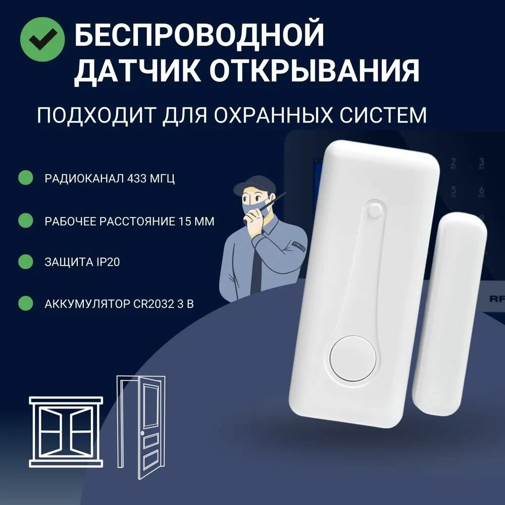 Беспроводной магнитоконтактный извещатель для охранных сигнализаций GSM/Wi-Fi, датчик открытия двери (окна) радиоканальный (частота 433 МГц)