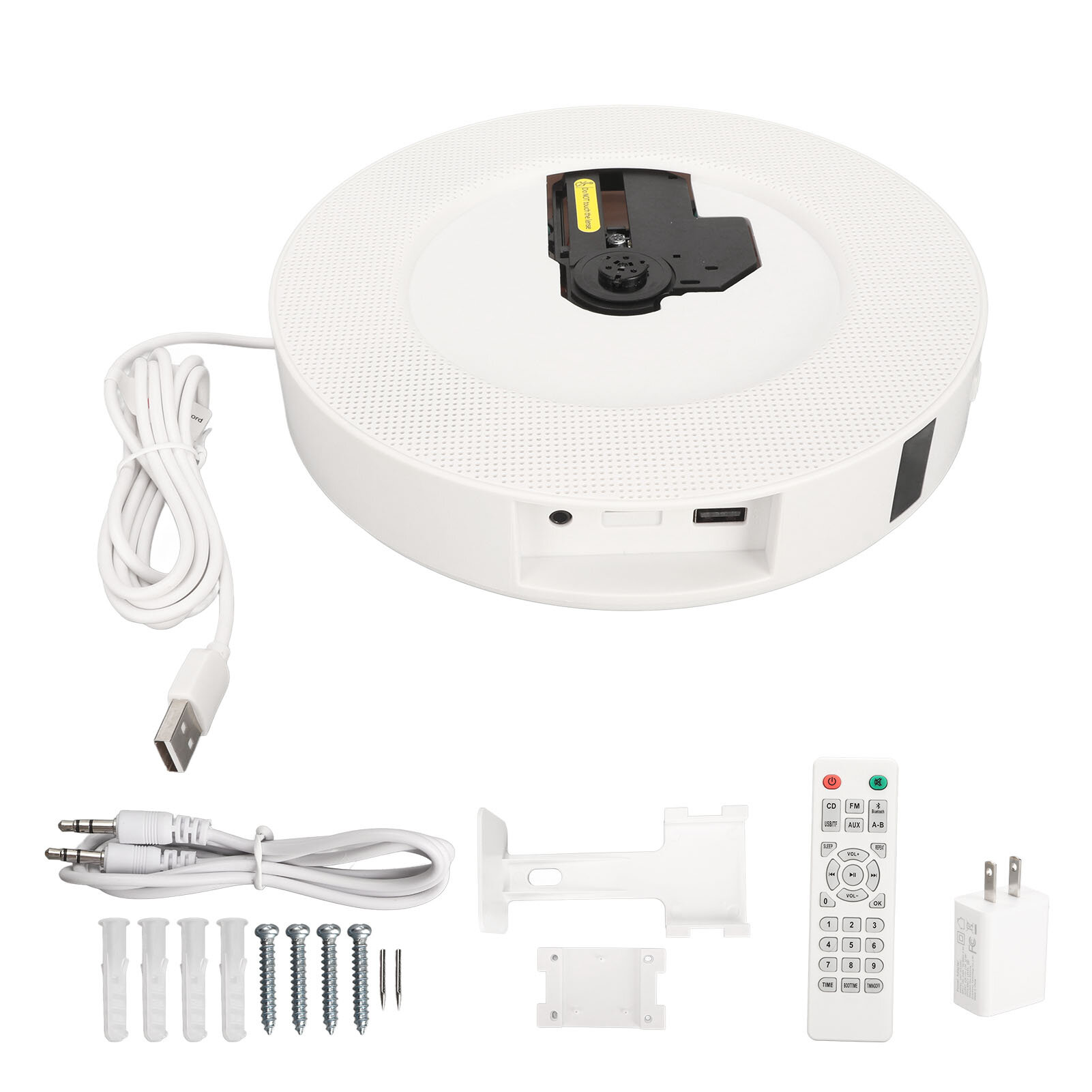 НастенныйCD-плеер, Bluetooth-колонки, поддержкаFM-радио, ЖК-экран, USB-порт, пультдистанционногоуправления, вилкастандартаСША100–240В.