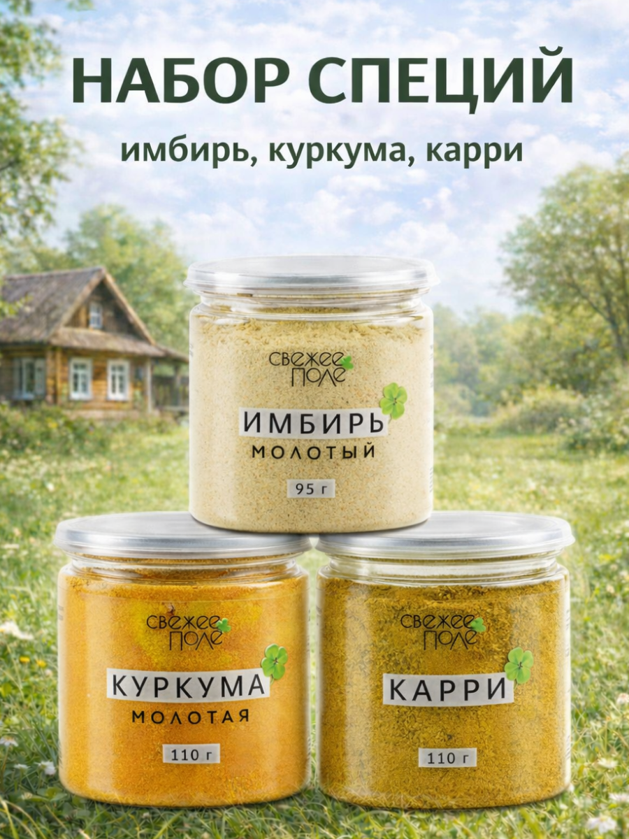 Набор специй и приправ Свежее Поле из 3 вкусов баночки: молотая куркума, имбирь, карри / Подарок мужчине, подарочный набор для женщин
