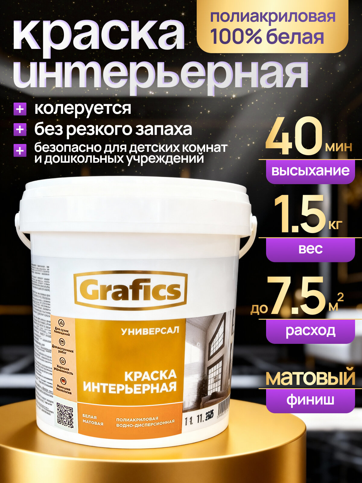 Краска интерьерная белая для стен и потолков Grafics 1,5 кг, универсальная, полиакриловая