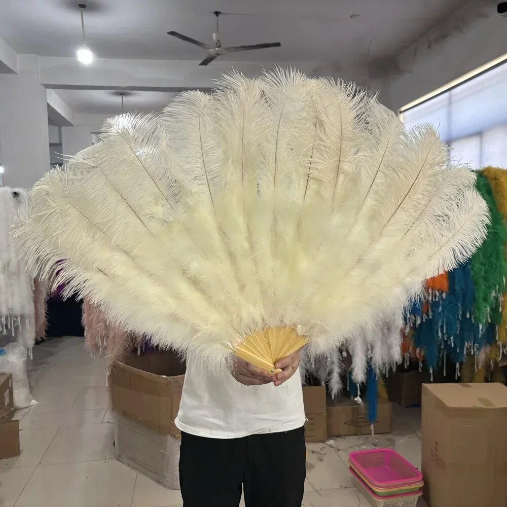 Складные розовые веера из страусиных перьев Белый, Beige, 100CM 1PCS Right