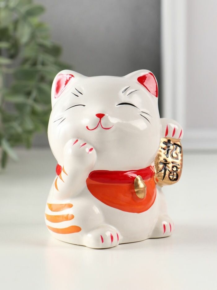 Копилка для денег Манэки-нэко - иероглиф удача , керамика, оранж, 7.2 8.3 10 см